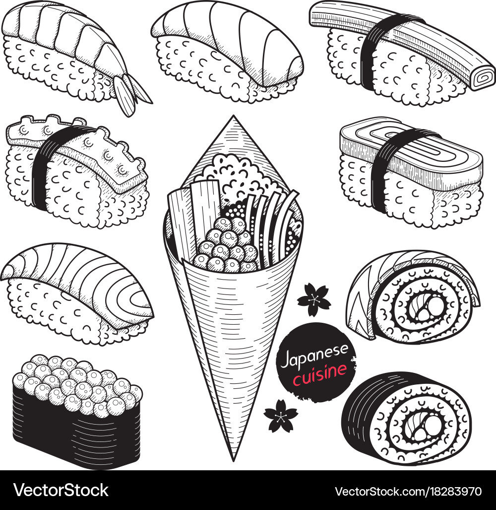 Japan food doodle elements hand drawn style Vector Image