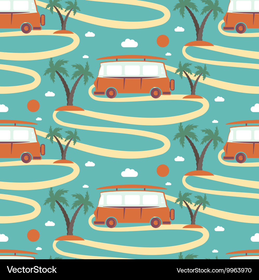 Seamless pattern of retro bus with surfboard Vector Image