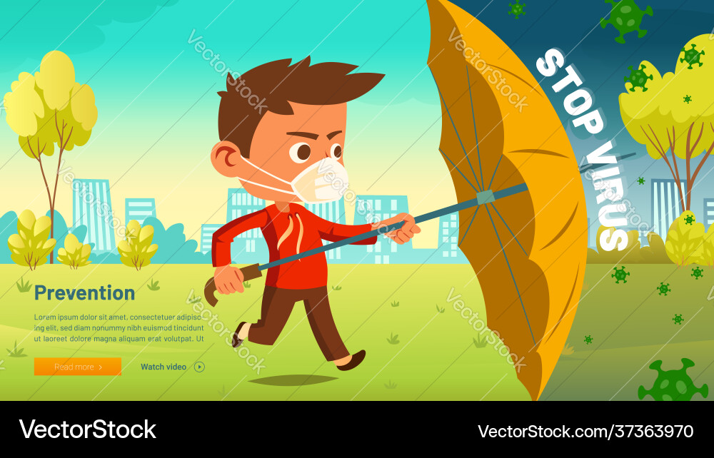 Stop virus cartoon web banner boy with umbrella Vector Image