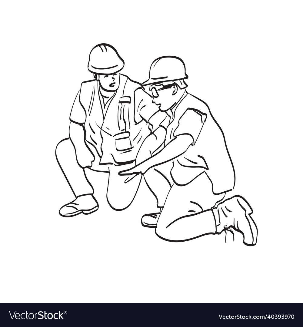 Two construction workers talking in hard hats Vector Image