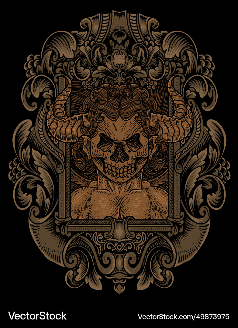 Demonic angel skull with engraving ornament frame Vector Image