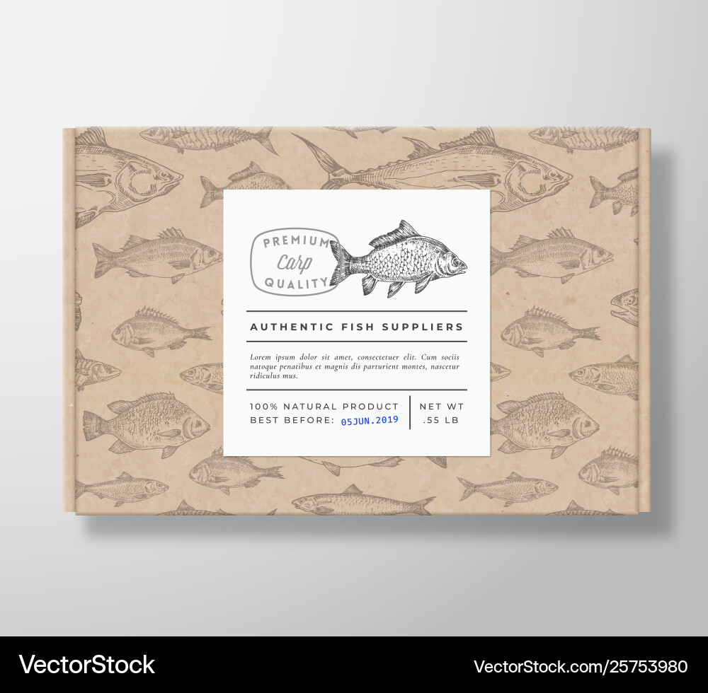 Fish pattern realistic cardboard box with banner Vector Image