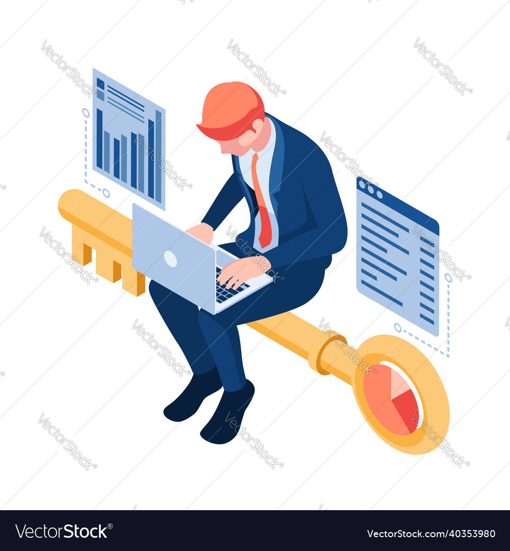 Isometric businessman working on laptop Royalty Free Vector