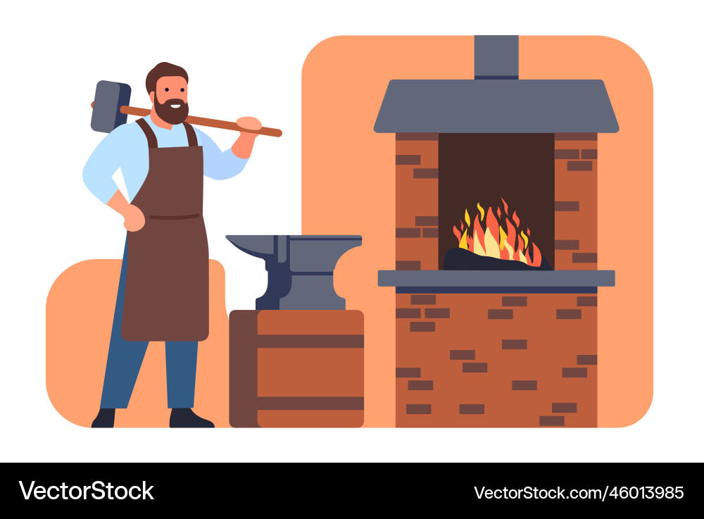 Blacksmith with hammer stands in forge near anvil Vector Image