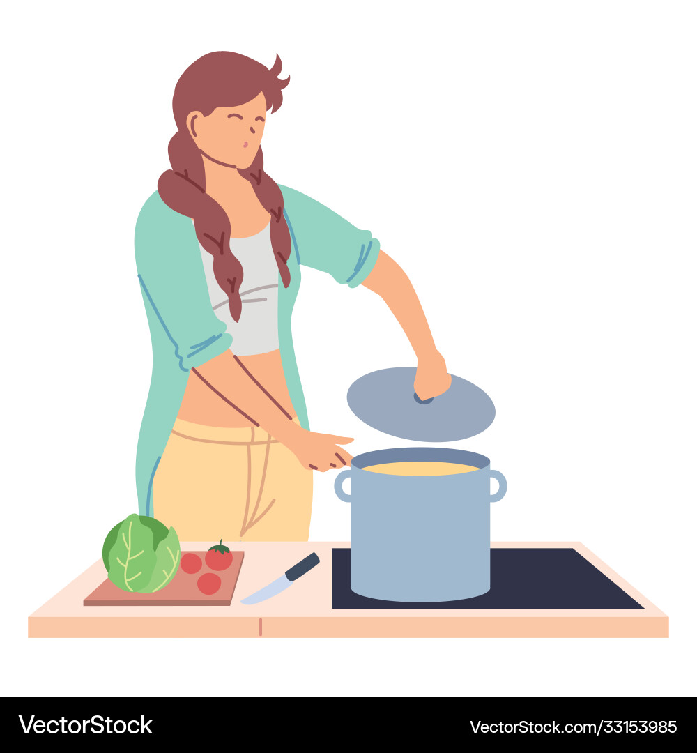 Woman preparing soup on white background Vector Image