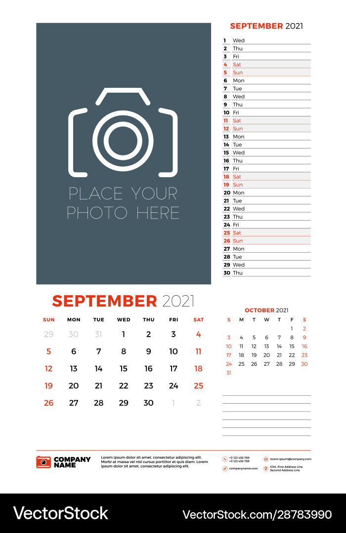 Wall calendar planner template for september 2021 Vector Image