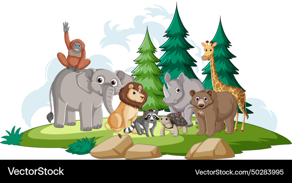 Group of diverse animals standing together Vector Image