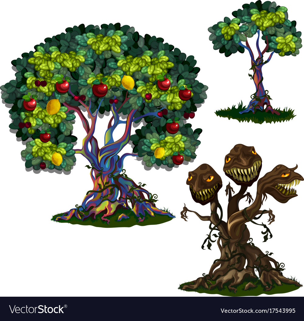 Magic tree with apples and lemons and monster Vector Image