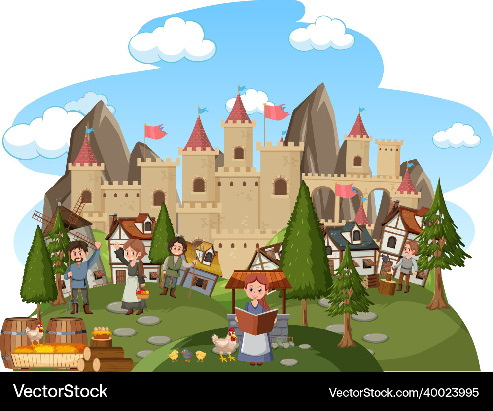 Medieval village with villagers on white Vector Image