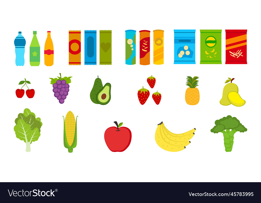 Set of vegetables fruits drinks and snacks Vector Image