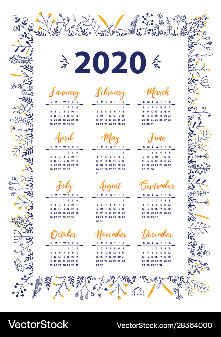 2020 calendar with floral design Royalty Free Vector Image