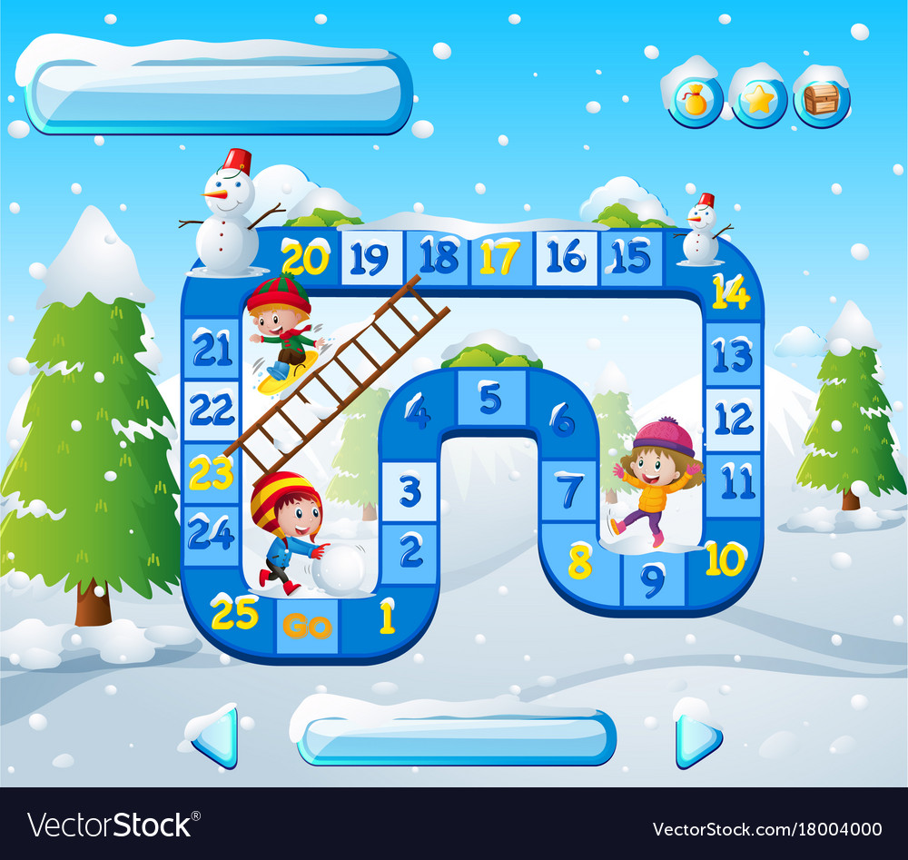 Boardgame template with kids playing in snow Vector Image