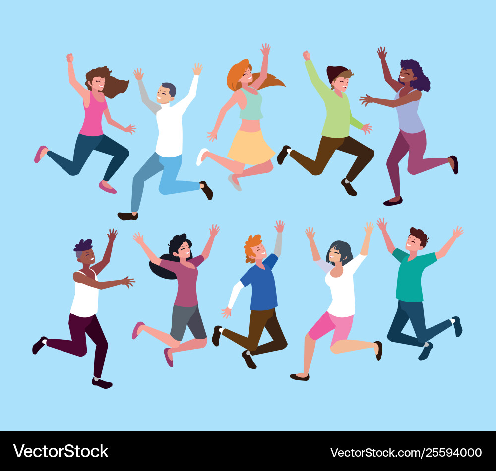Group young people celebrating with hands up Vector Image