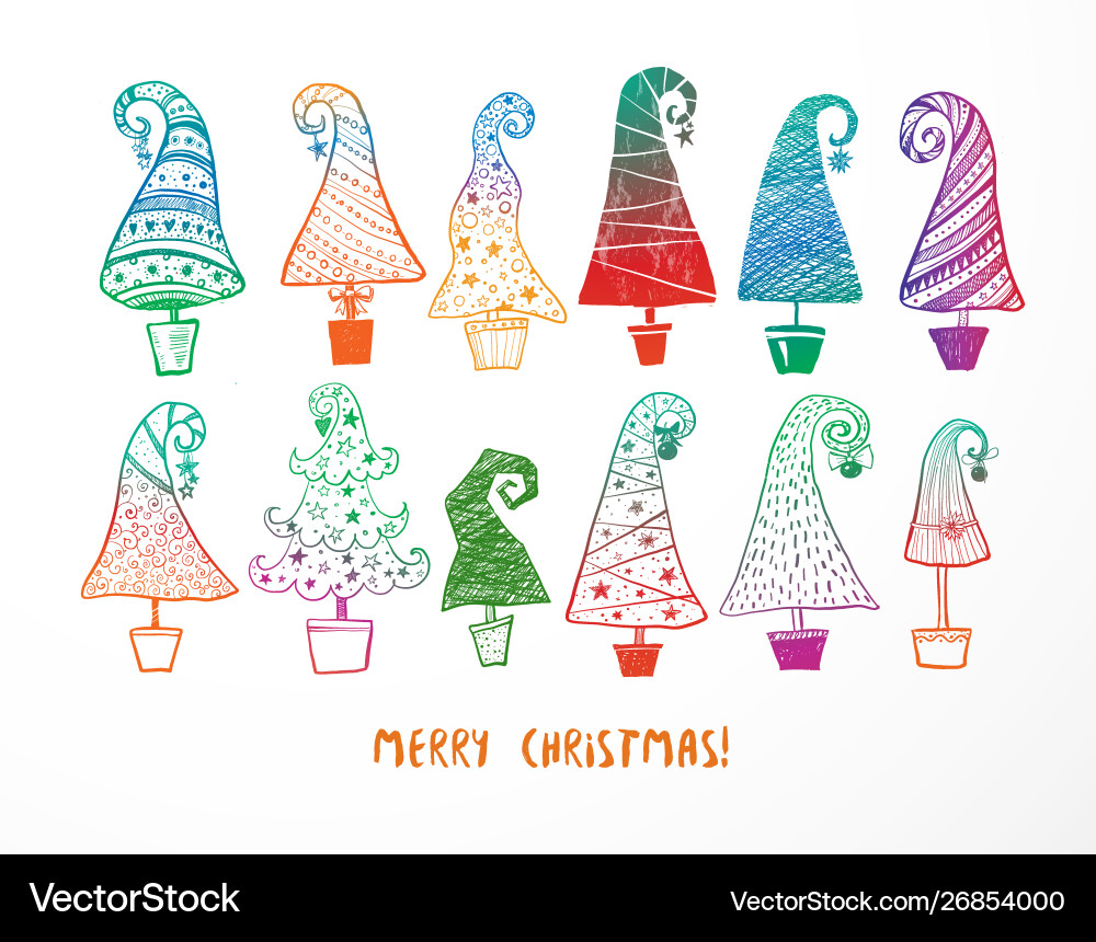 Set colored doodle christmas trees on white Vector Image