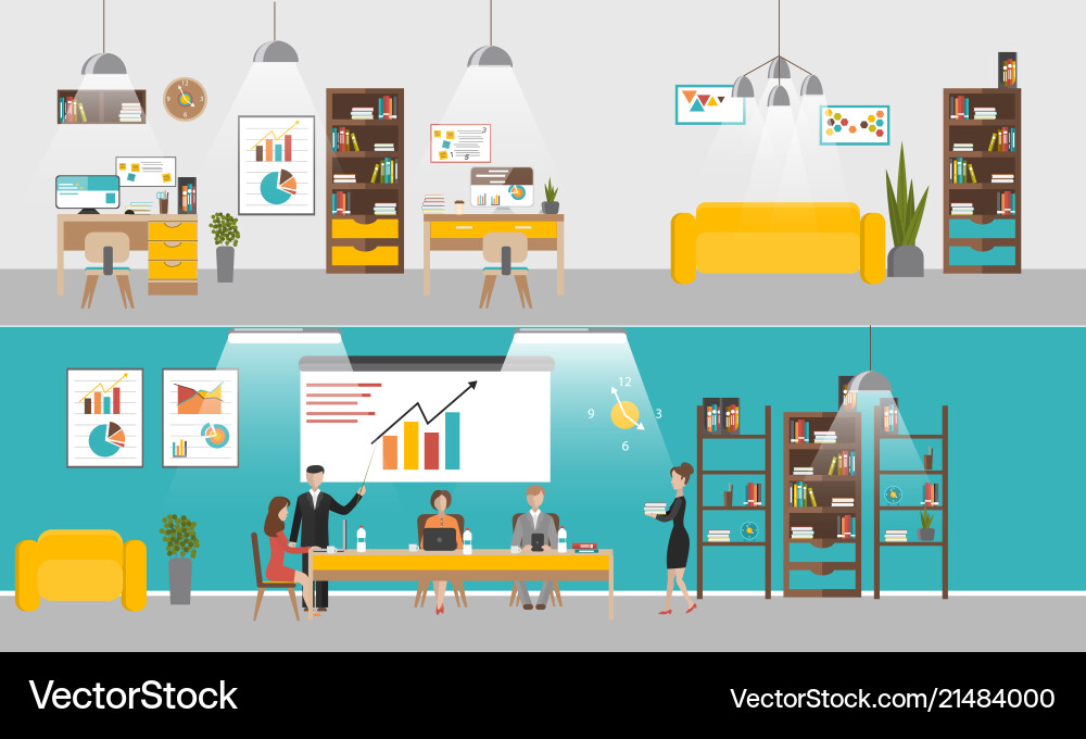Set of office interior banners in flat Royalty Free Vector