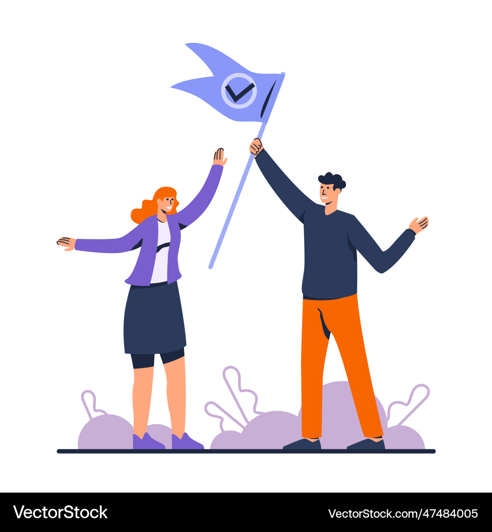 Cartoon colleagues raise flag with successful Vector Image