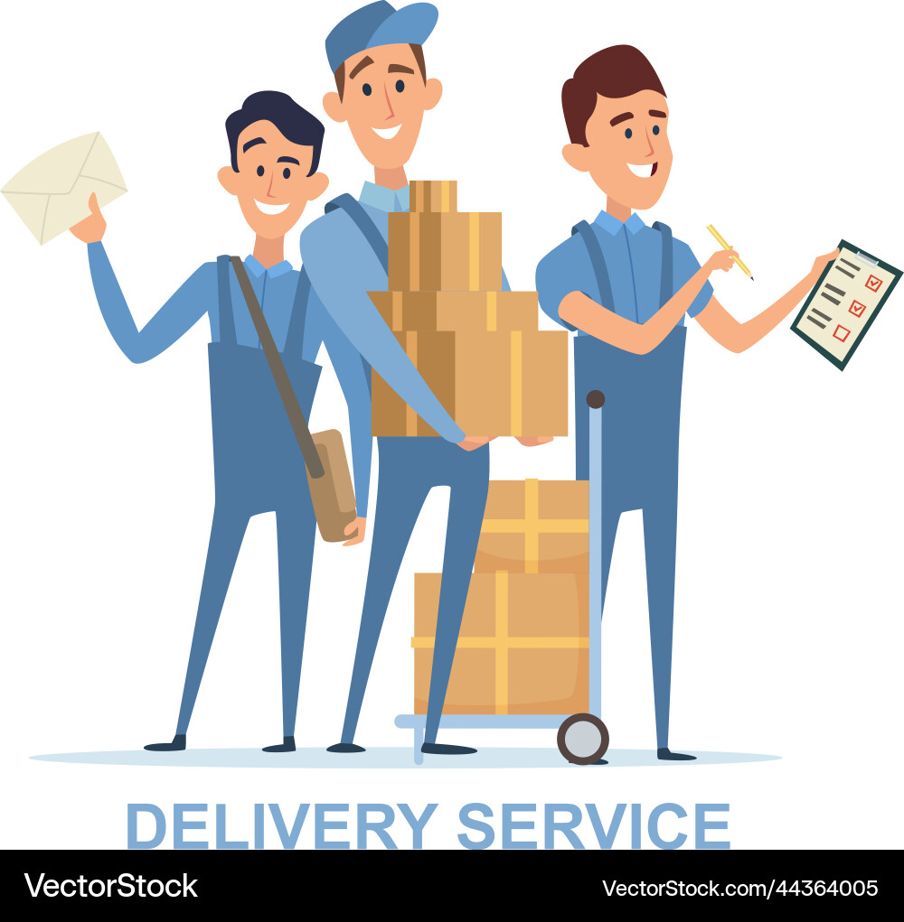 Delivery service male characters standing Vector Image