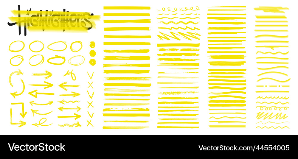 Hand-drawn highlighters brush lines yellow marker Vector Image