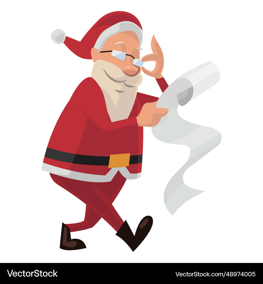 Santa reading wish list cartoon Royalty Free Vector Image