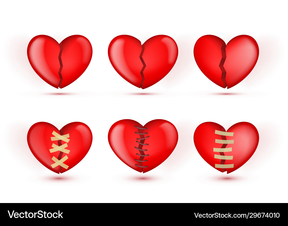 3d broken hearts icons in patches Royalty Free Vector Image