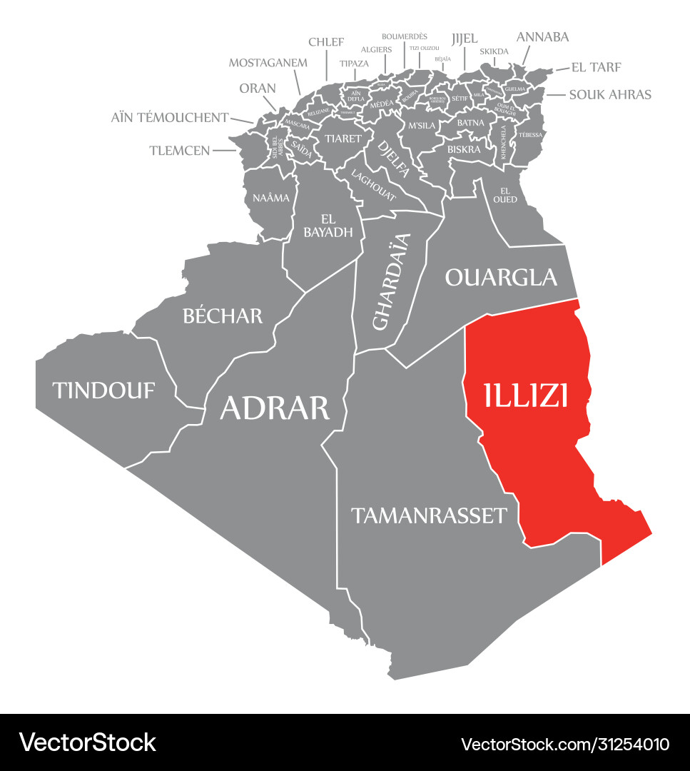 Illizi red highlighted in map algeria Royalty Free Vector