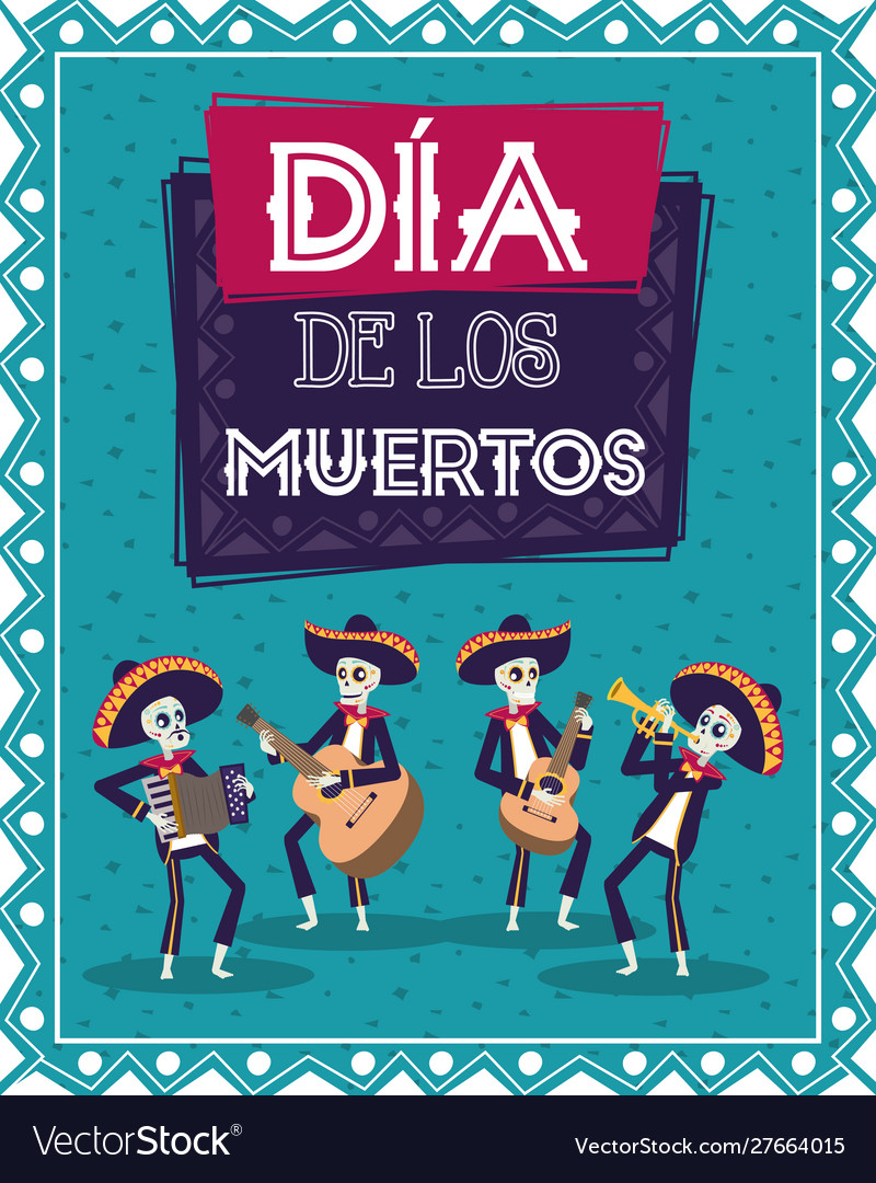 Dia de los muertos card with mariachis skulls Vector Image