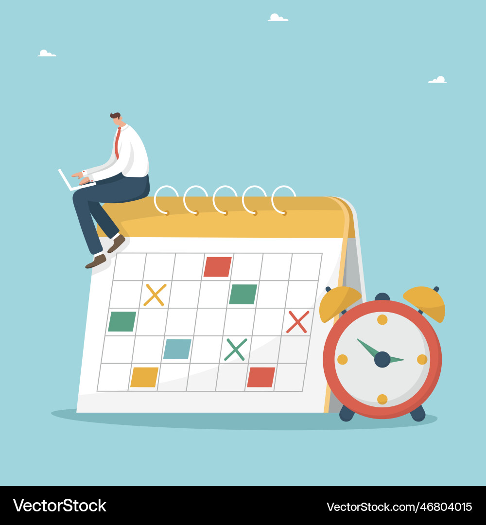 Man sits with a laptop on a work calendar Vector Image
