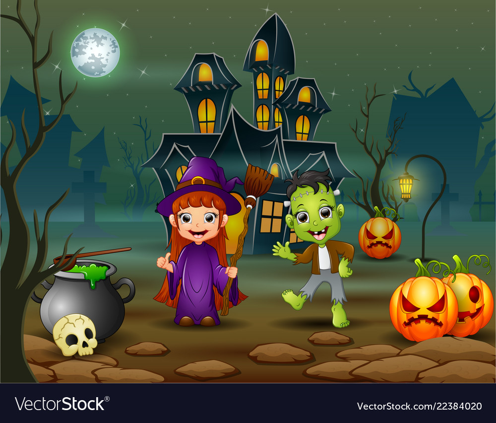Happy halloween witch and frankestein in front Vector Image