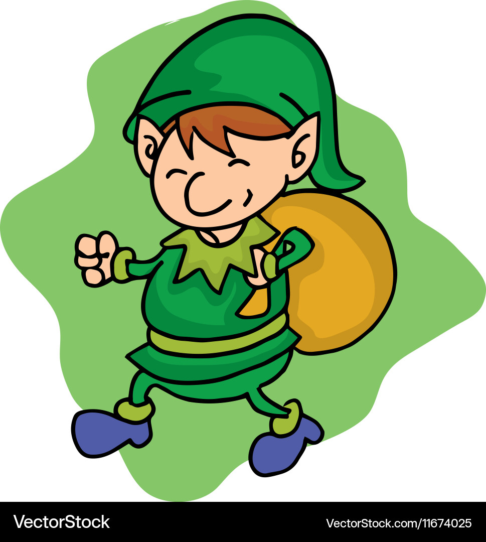 Elf helper with gift bag cartoon Royalty Free Vector Image