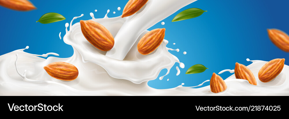 Realistic splash almond milk with nuts Royalty Free Vector