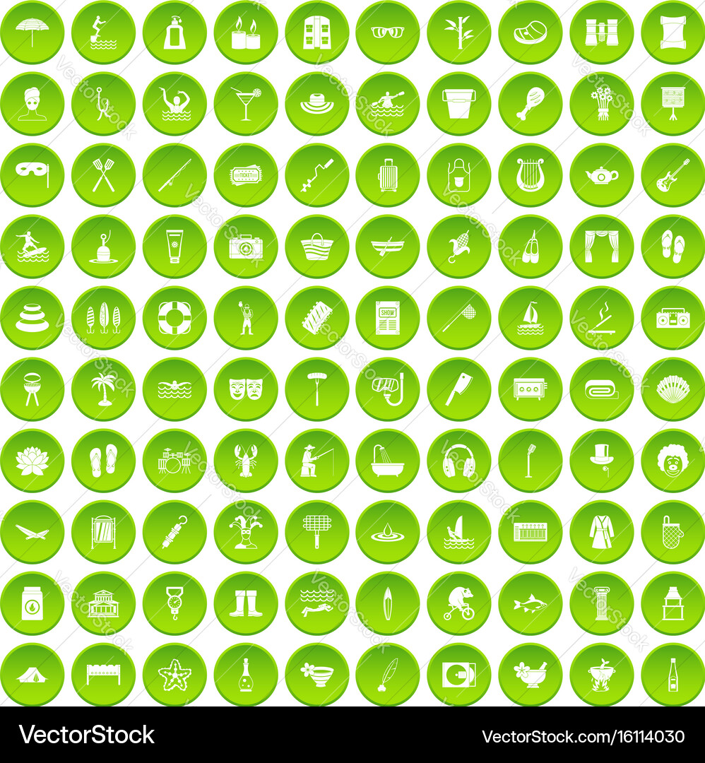 100 recreation icons set green Royalty Free Vector Image