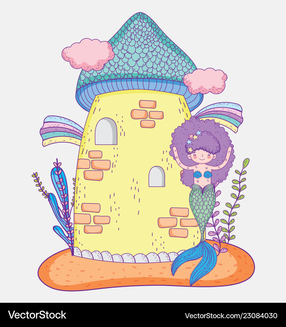 Cute mermaid and castle with clouds rainbows Vector Image