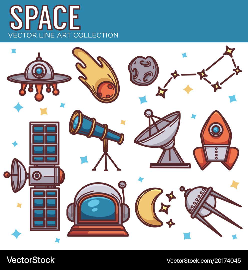 Collection of space cosmos objects in line art Vector Image