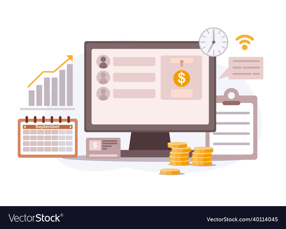 Computer with statistics infographics and set Vector Image