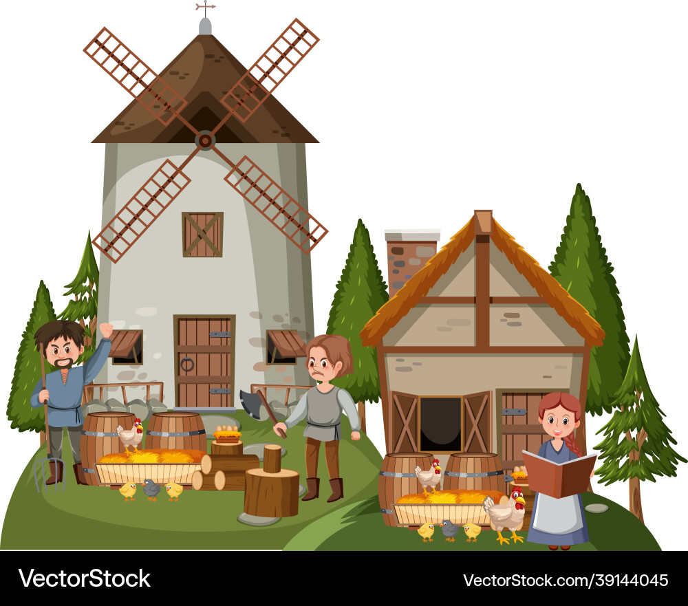 Medieval house with windmill and villagers Vector Image