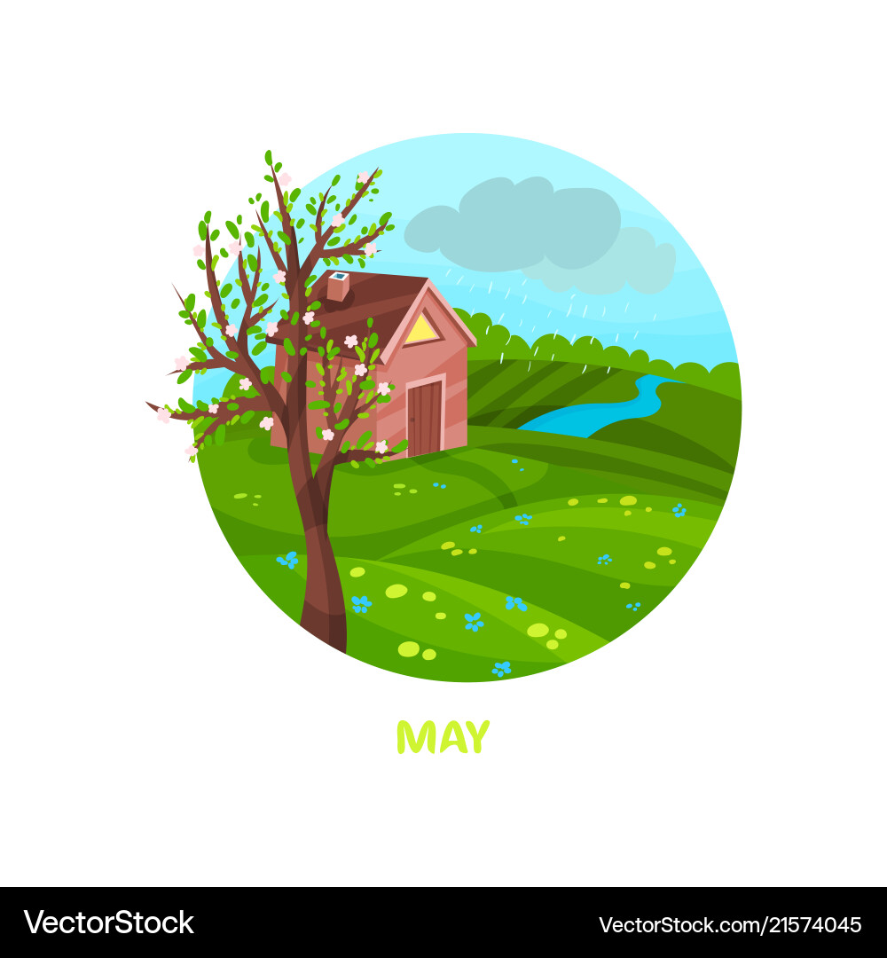 Rainy may day with little house meadow river Vector Image