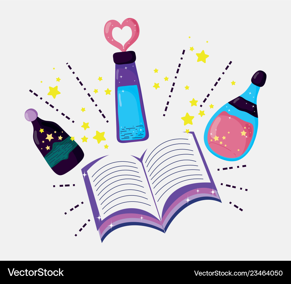 Magic book with mystery potion conjure Royalty Free Vector