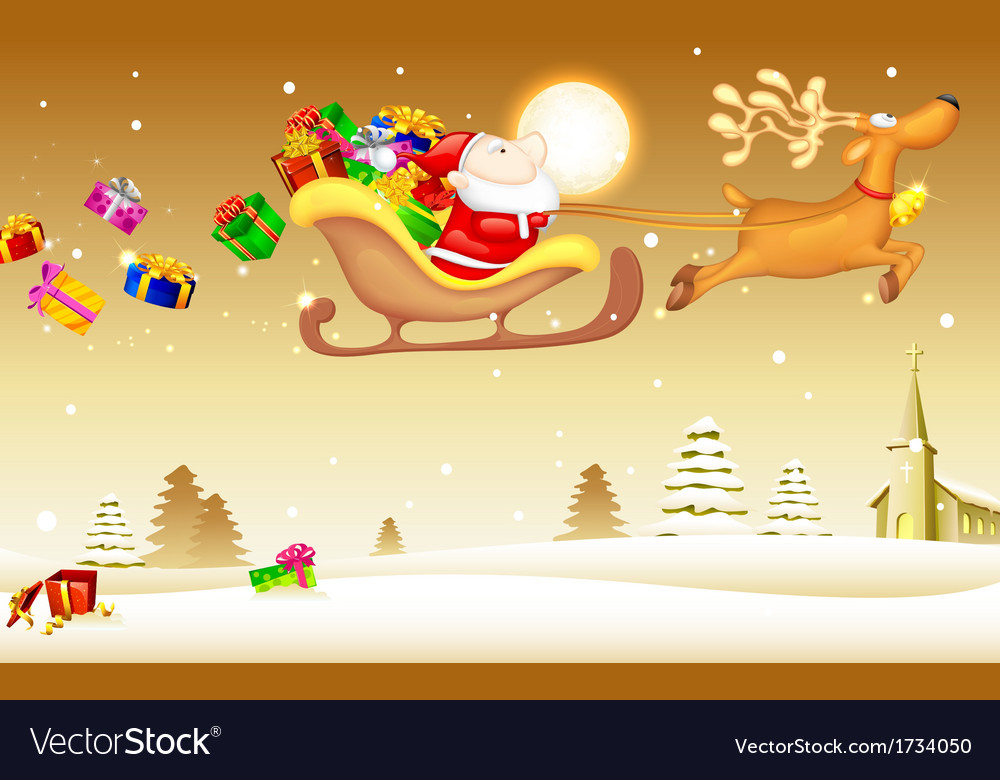 Santa claus with christmas gift in sledge Vector Image
