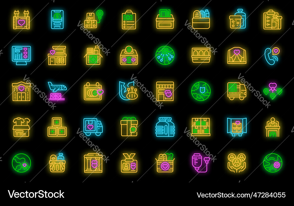 Humanitarian aid icons set neon Royalty Free Vector Image