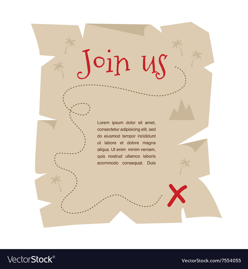 Pirates map with marked treasure location by cross