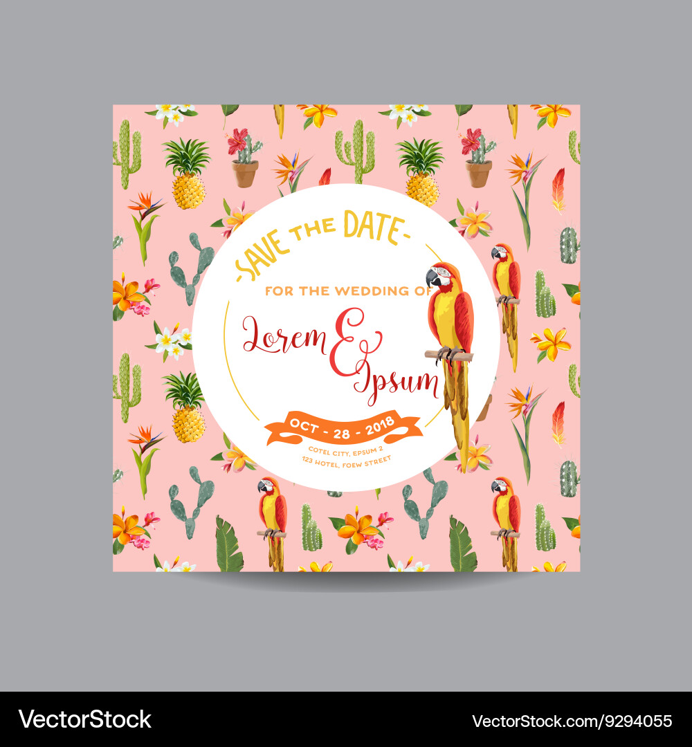 Tropical cactus wedding card parrot bird Vector Image