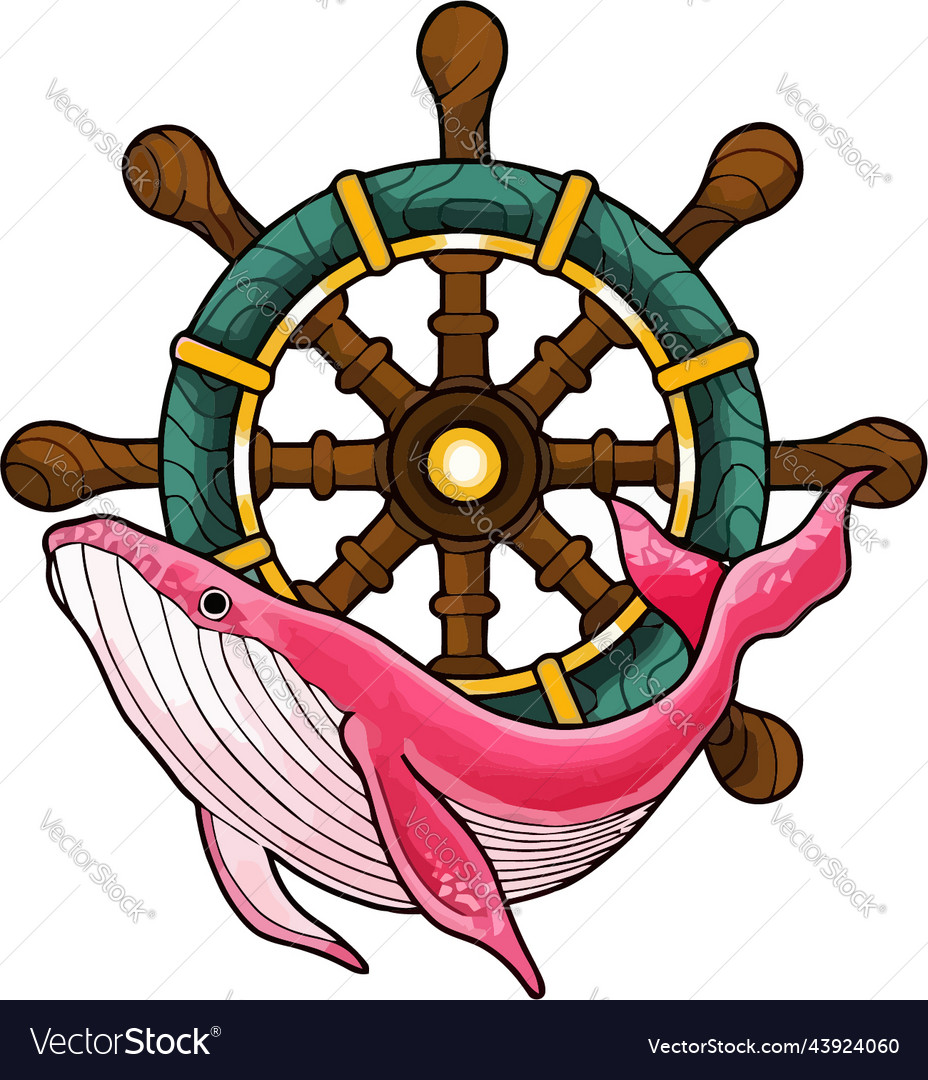 Beautiful drawing pink whale and wheel anchor art Vector Image