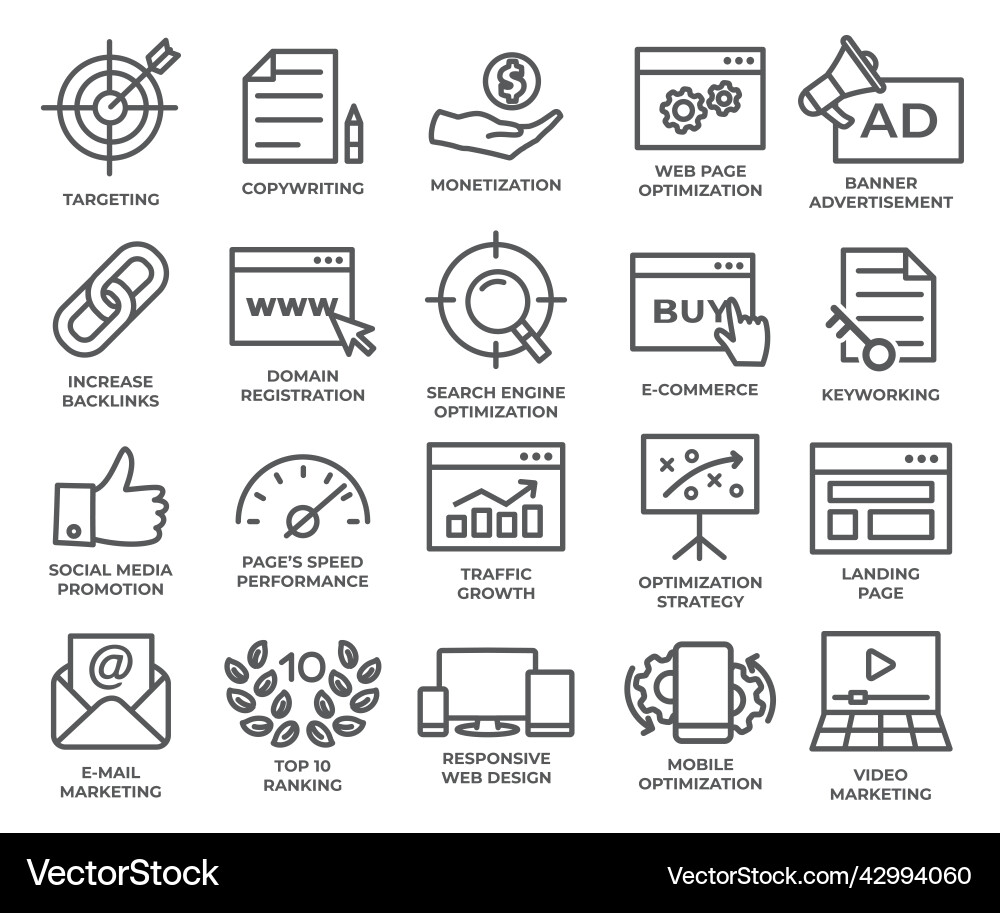 Seo line icons set on white background Royalty Free Vector