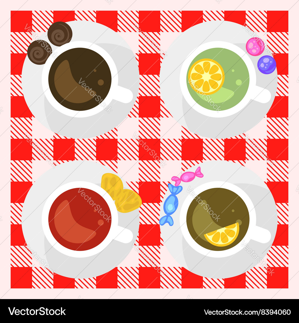 Set coffee and tea cups top view on a checkered Vector Image