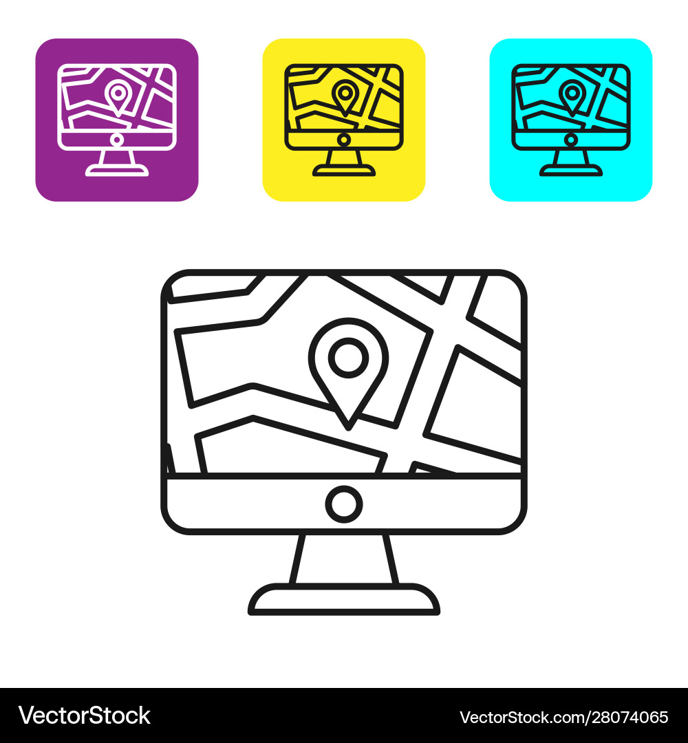 Black line computer monitor and folded map Vector Image
