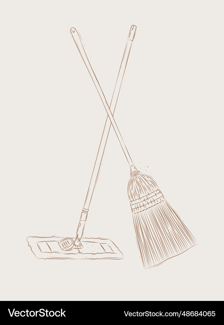 Broom and flat mop drawing in graphic style Vector Image