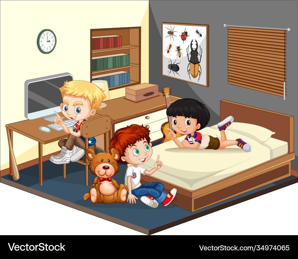 Three boys in bedroom scene on white Royalty Free Vector