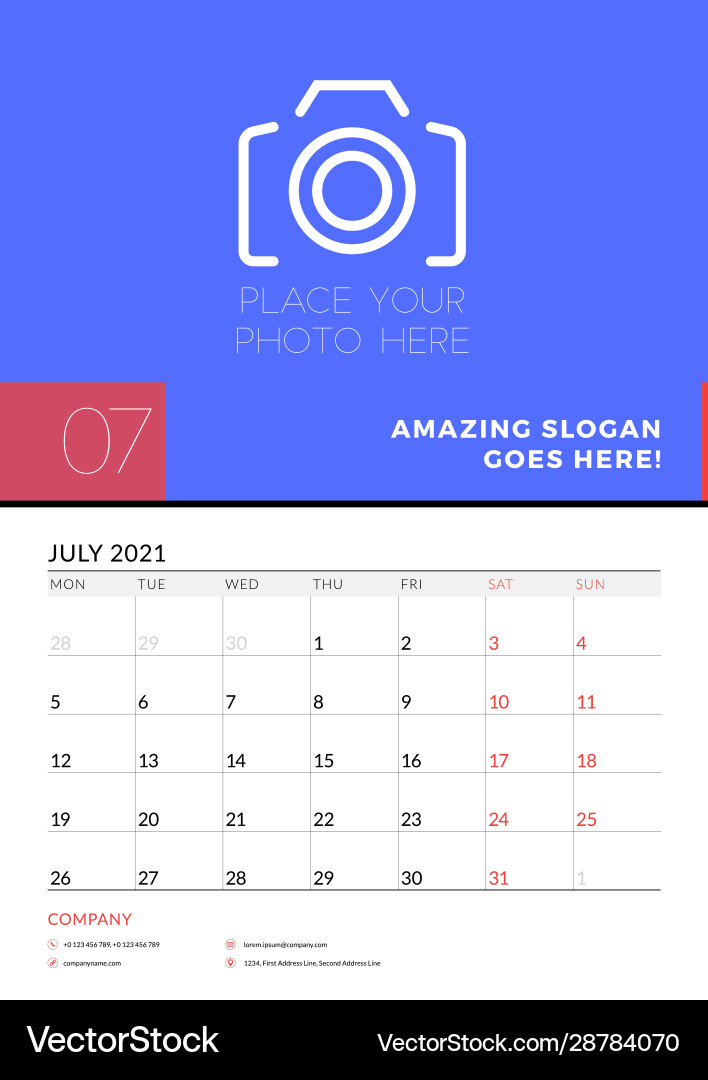 Wall calendar planner template for july 2021 week Vector Image