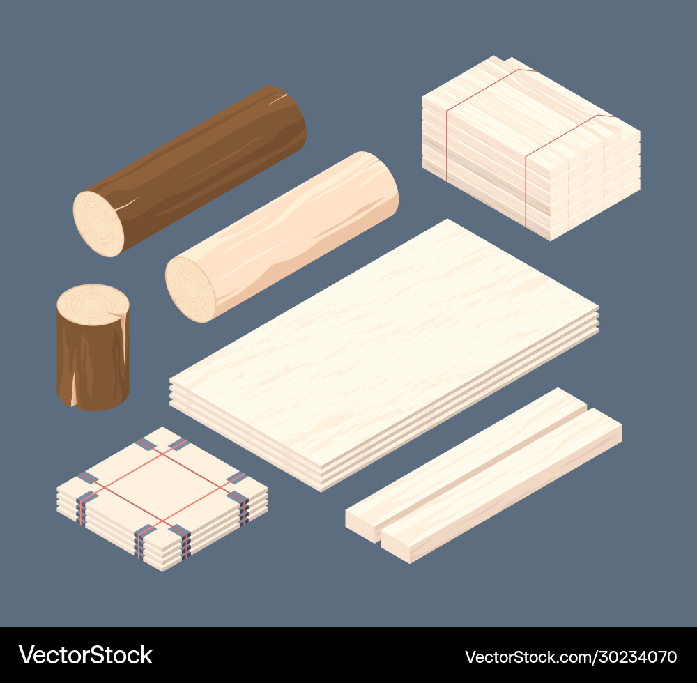 Wooden isometric set stacked lumber branches Vector Image