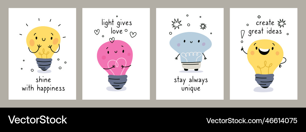 Light bulbs idea cards cute energy mascots Vector Image